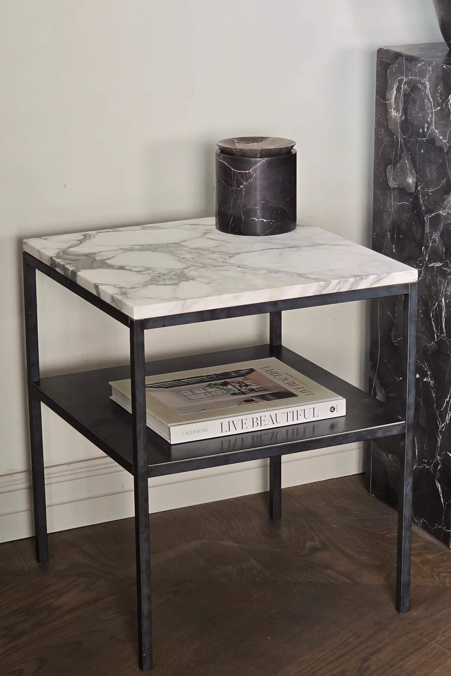 LAGO metal table in metal and leather 45x45 – BRANDT Copenhagen