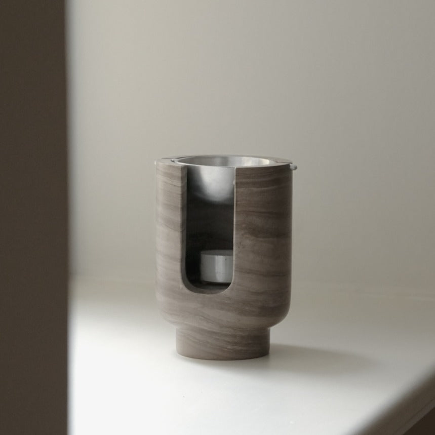 AURA oil burner in marble in smoke grey and satin aluminium bowl ...