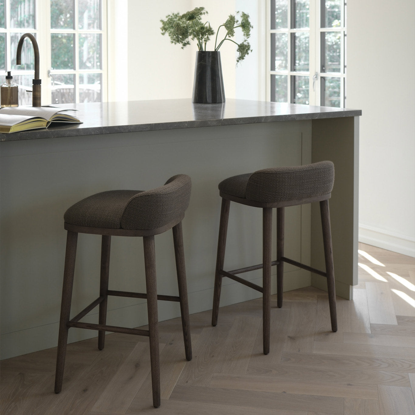 CAINE barstool with brown oak legs and fabric in Loom Greige – BRANDT ...